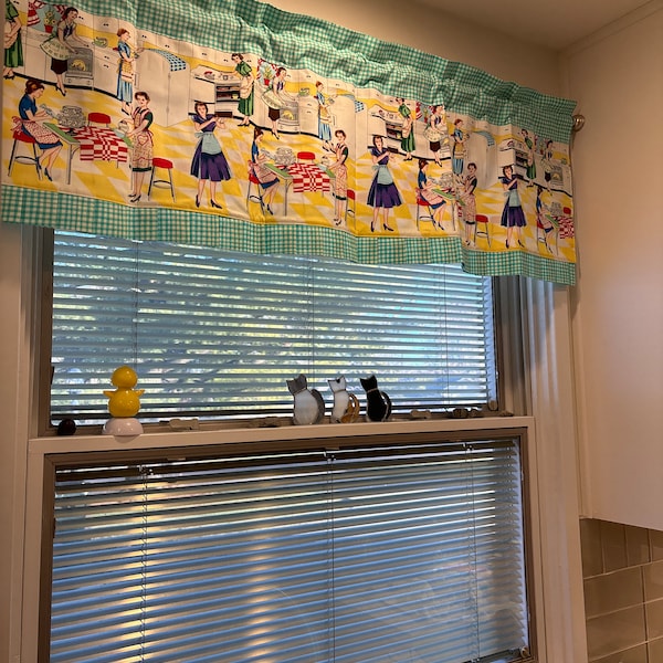 A. Retro Fifties Kitchen Valance, Aqua, Red, Black, Blue. Fifties ...