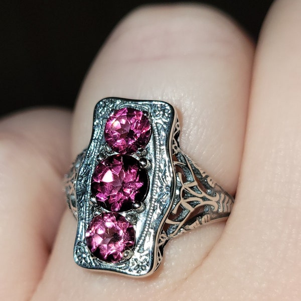 Natural Pink Topaz Ring / Round 3 Gems With Edwardian Sterling Silver ...