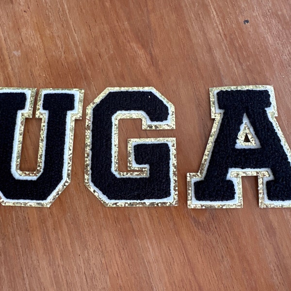 Black 3.12" Chenille Letters, Gold Glitter, Varsity Letter Iron on ...