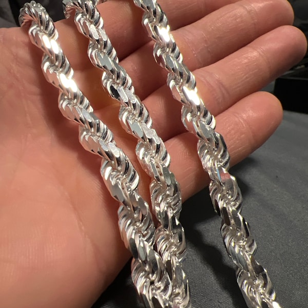 Sterling Silver Diamond-cut Rope Chain Men's Women's Necklace Solid 925 ...