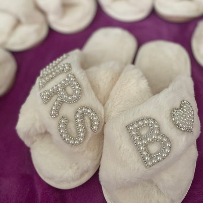 Fluffy Slippers With Rose Gold Pearl Patch Bride Fluffy - Etsy