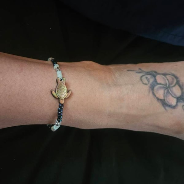 Sea Turtle Anklet, Abalone Shell Anklet, Dark Blue Sea Green Beaded ...
