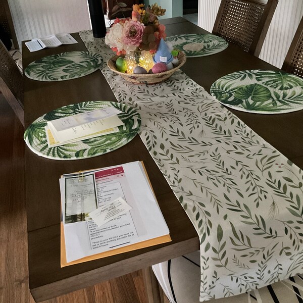 4 Pack | 15" Round Table Placemats, Green Tropical Leaf Woven Cotton ...