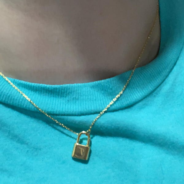 14K Gold Initial Padlock Necklace, Lock Pendant, Initial Lock Necklace ...