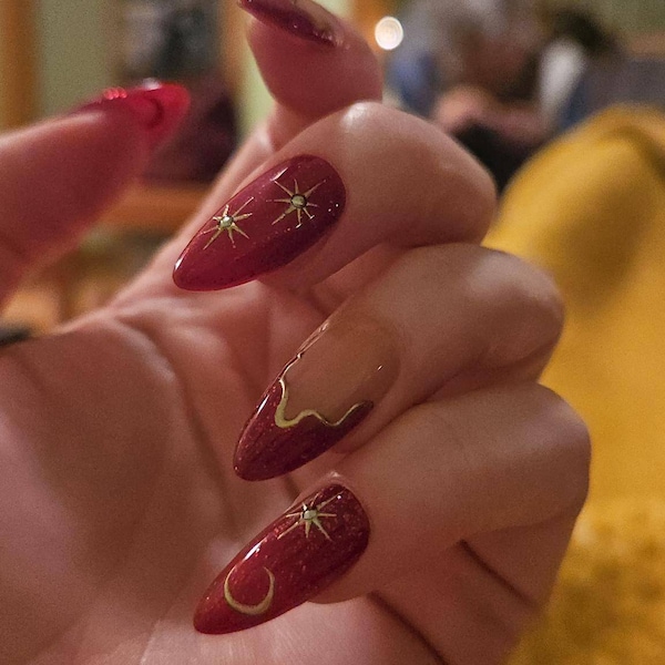 Press on Nails, Glitter Red, Celeste, Moons, Stars, French Tips, Chrome ...