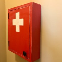 Distressed Red Medicine Cabinet Handmade Painted White Cross First Aid ...