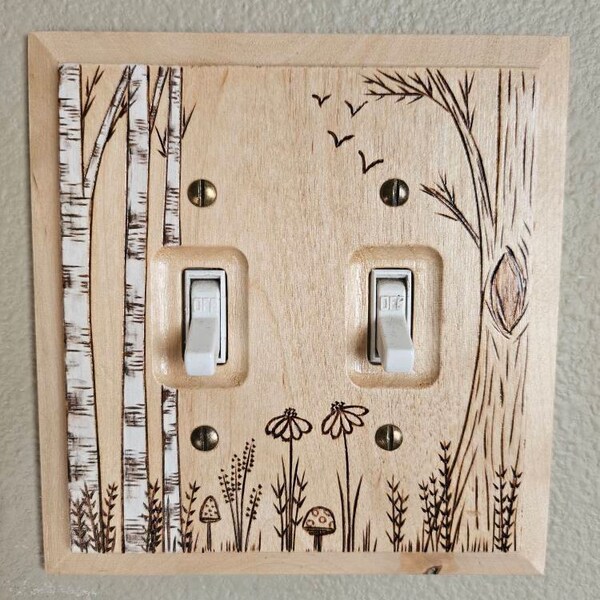 Wooden Triple Light Switch Cover With Wood Burned & Water Colored Birch ...