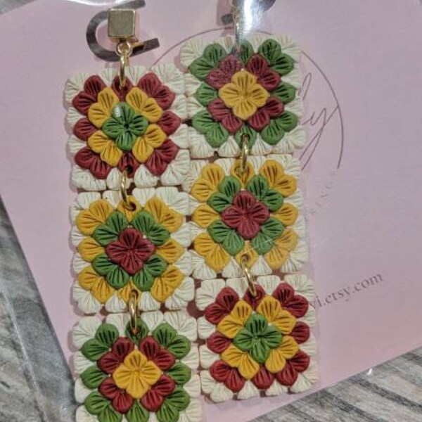 Granny Square Dangle Polymer Clay Earrings | Bright Spring Color Block ...
