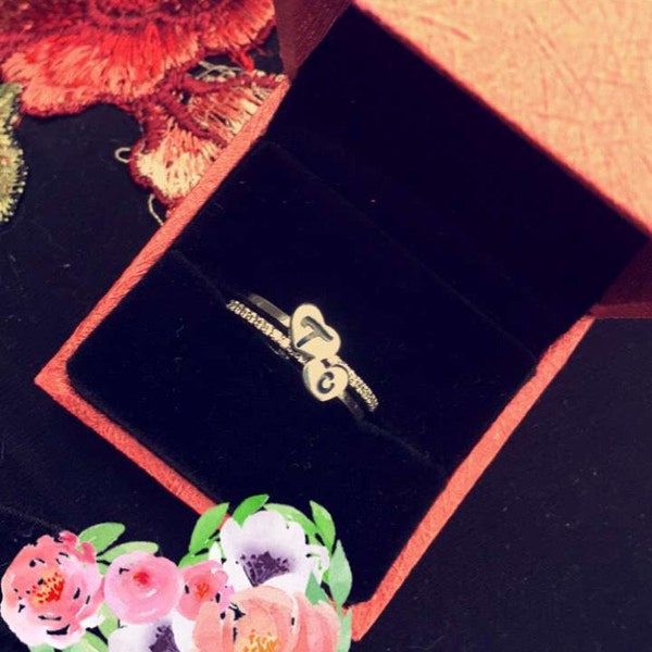 Two Initial Ring, Natural Diamond 2 Letter Heart Ring, 14K 18k Solid ...