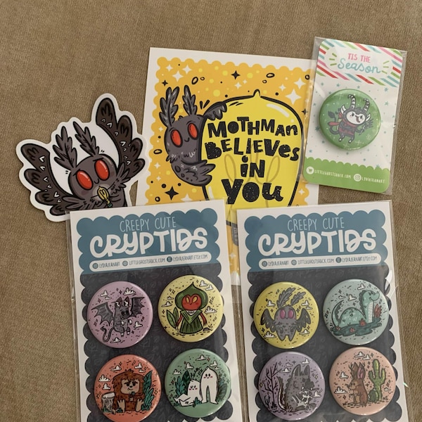 Creepy Cute Cryptids Magnet or Pin Set | Cryptid Art | Mothman ...