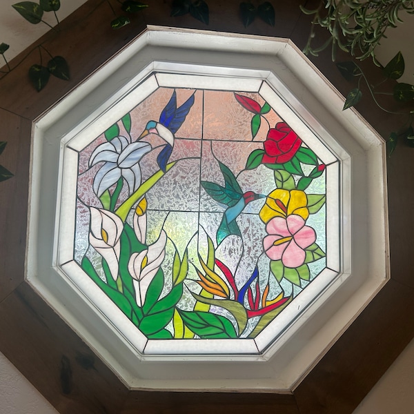 Octagonal Hummingbird Paradise Stained Glass Window Insert Panel ...