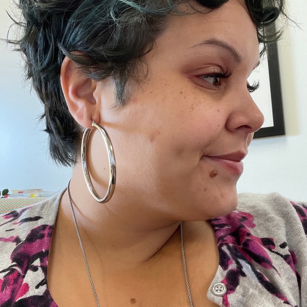 Polished Chunky Smooth Stainless Steel Silver Half Hoops Earrings, Open ...