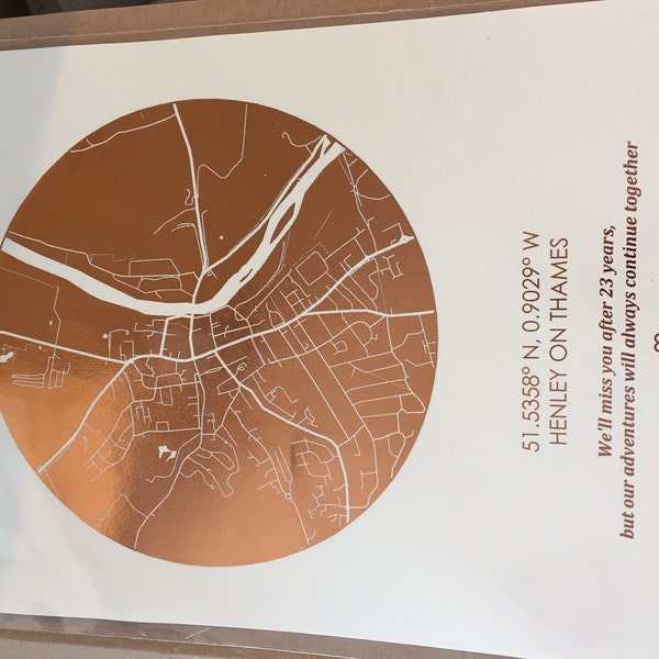 A4 Custom Foil Round Map Print, Any Location Personalised Copper, Gold ...