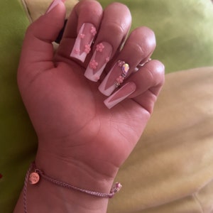 Pink Flowers & White V Frenchies Luxury Spring Y2k French Tip Glossy ...