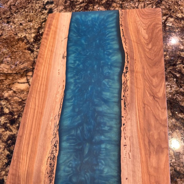 Handcrafted Olive Wood River Board, Live Edge Resin Charcuterie Board ...