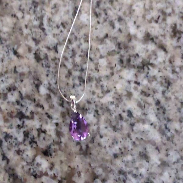 Genuine Amethyst Pear Solitaire Teardrop Silver Pendant Necklace ...