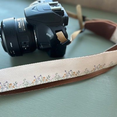 Flower Field Tan Camera Strap Design With Brown Vegan Leather ...