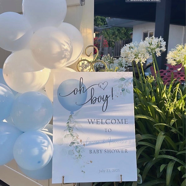 Greenery Blue Balloon Baby Shower Welcome Sign, Boy Baby Shower Sign ...