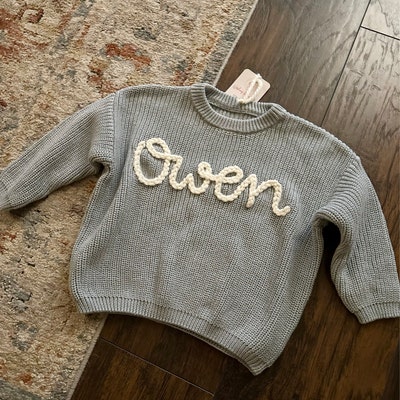 Sky Blue Baby Name Sweater, Hand Embroidered Sweater, Chunky Knit ...