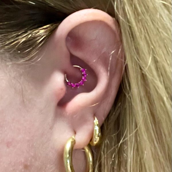 Ruby (CZ) Prong Setting Hinge Hoop Piercing - 14K Real Gold Hinge ...