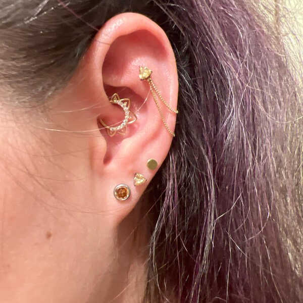 14K Solid Gold CZ Flower Cartilage Flat Back Earring/threadless Push-in ...