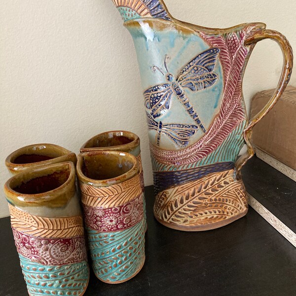 Dragonfly Design Pitcher Set With Four Cups Pottery Handmade Microwave ...