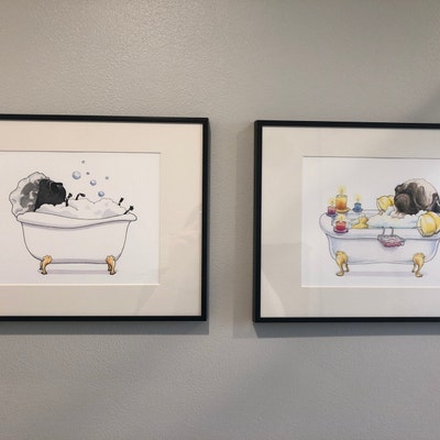 Black Pug Bath Bubbles Minimalist Pug in the Tub Art Print, Cute Black ...