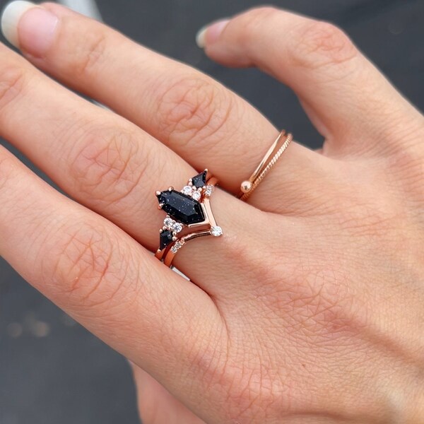 Coffin Kite Galaxy Sandstone Ring- 14K Rose Gold Vermeil Unique Goldstone Engagement Ring Set ...