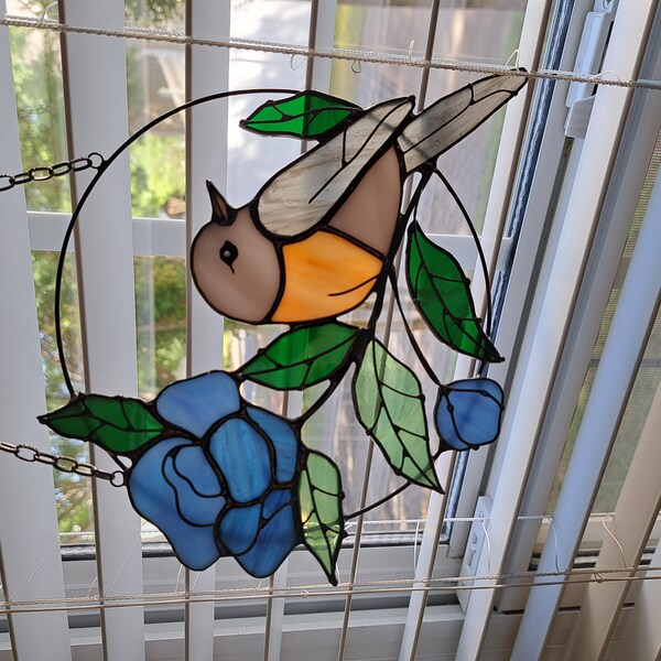 Stain Glass Finch Chaffinch Bird Grey Suncatcher Flower Home House ...