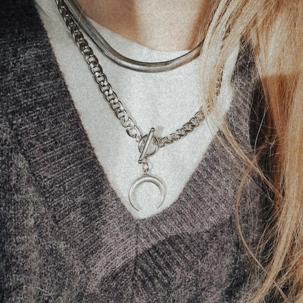 Moon Chain Necklace, Layered Necklace, Statement Necklace, Chunky Gold ...