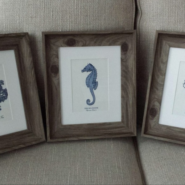 Nautical Print Set of 4 in Navy Blue, Coastal Wall Art, Coral Seahorse ...