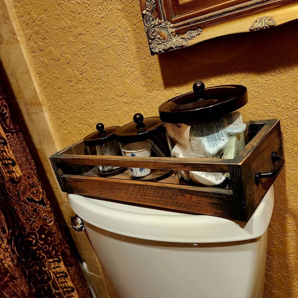 Rustic Wood Toilet Tank Topper: Bathroom Organizer With Metal Handles ...