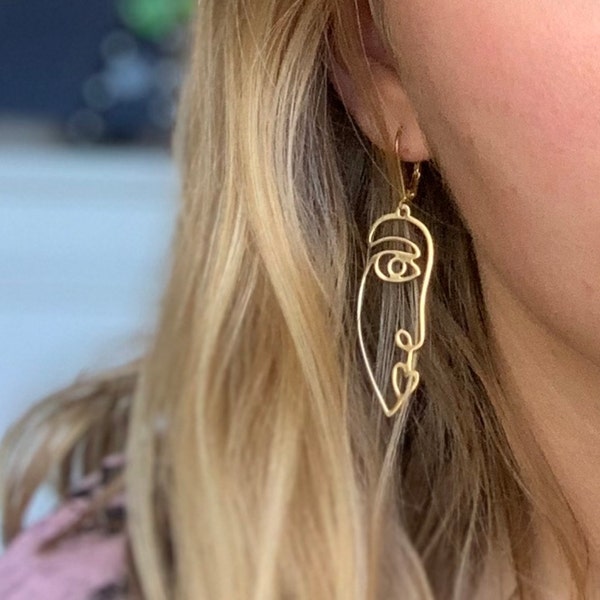 Gold Picasso Face Earrings: Brass Geometric Statement Jewelry - Etsy