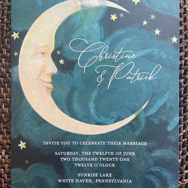 Celestial Wedding Invitation, Moon Theme Wedding, Starry Night, Teal ...
