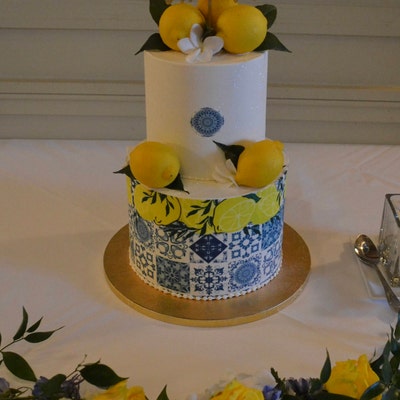 Lemon Edible Cake Icing Sheet Wraps. Blue and White Tile Cake. Moroccan ...