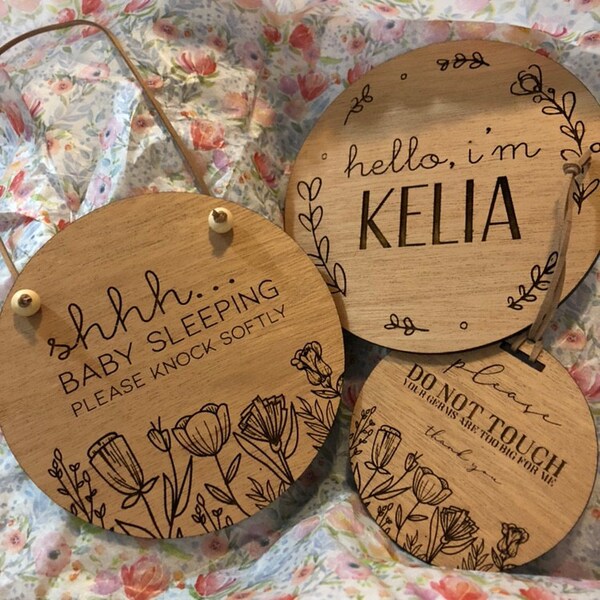 Baby Sleeping Sign, Nursery Knock Softly Sign, Child's Room Door Hanger ...