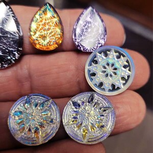 TWO 2 Pressed Glass Snowflake Compass Rose Cabochon Cab Golden Shadow ...