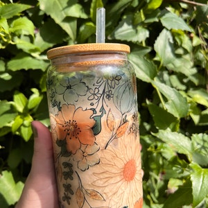 Fall Floral Glass Can Cup, Iced Coffee Cup, Smoothie Glass, Fall Cup ...