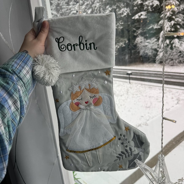 Angel Christmas Stocking, Cream Angel Stocking, Personalized Christmas ...