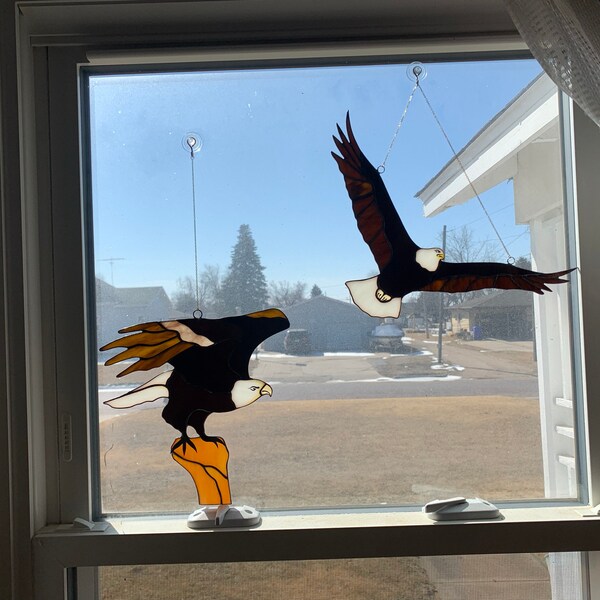 Bald Eagle Stained Glass Bird Suncatcher Window Hanging Decor Father's ...