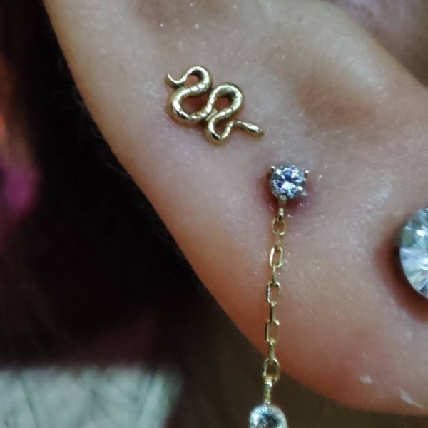 14k Solid Gold Snake Stud Snake Tragus Earring Snake Helix Conch Stud ...