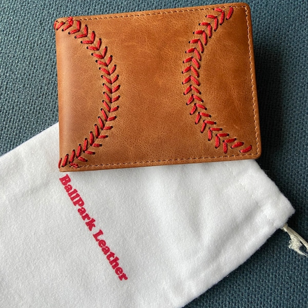 Leather Baseball Wallet, Men's Bi-fold With Baseball Seam Stitch - Etsy