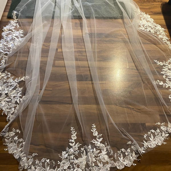 Beading Blue Flower Veil Cathedral Veil Wedding Bridal Veil Custom ...