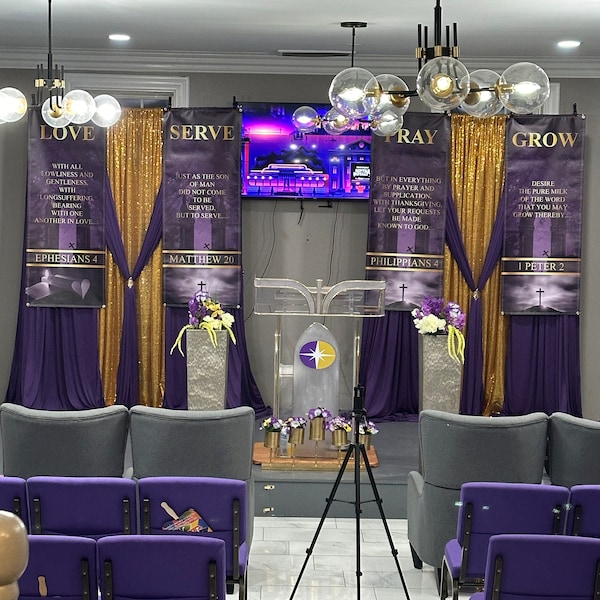 Set of 4 Church Banners, Serve, Grow, Love Pray, Church Banner Set ...