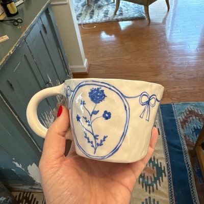 Aesthetic Hand Painted Blue Flower Mug, Ceramic Floral Design Tea ...