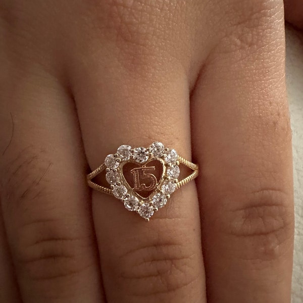 14K Solid Gold Quinceanera CZ Heart Cut Ring, Cubic Zirconia Heart Ring, 15 Anos Birthday Gift ...