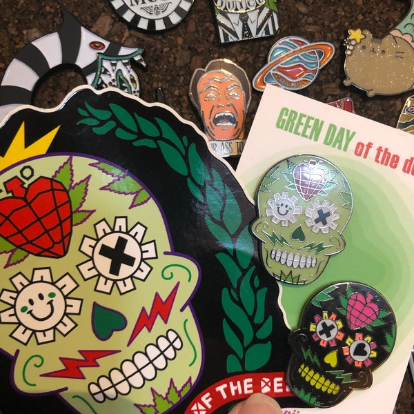 Green Day of the Dead Enamel Pins Day of the Dead Sugar Skull Enamel ...