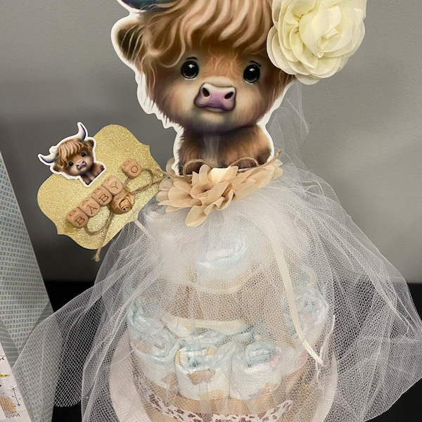 Highland Cow Baby Shower Diaper Cake , Boho Cow Baby Shower Centerpiece ...