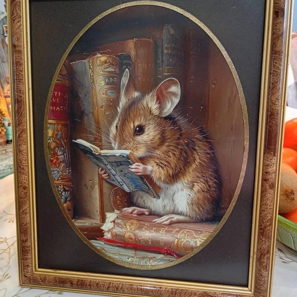 Mouse Reading Book Antique Old Library Print, Bookish Animal Whimsical ...