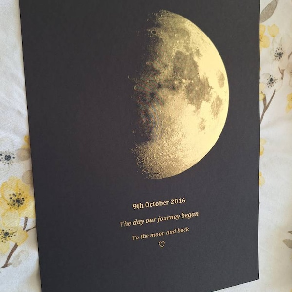 A4 Custom Foil Moon Phase Print by Date, Personalised Copper, Gold or ...